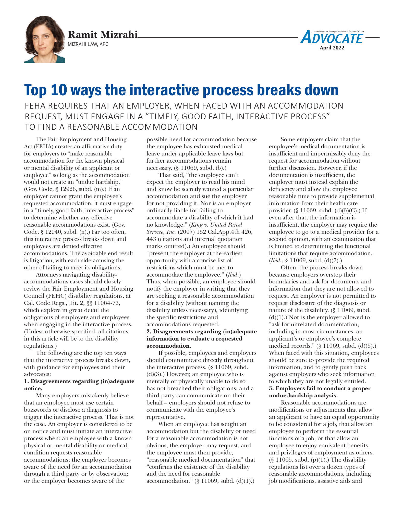 Top 10 Ways The Interactive Process Breaks Down (Mizrahi Article in ...